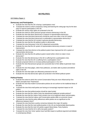 A Level Politics: Question Bank - Paper 1&2 | Teaching Resources