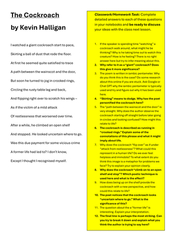 The Cockroach by Kevin Halligan - Full Lesson Activities - CIE Poetry ...
