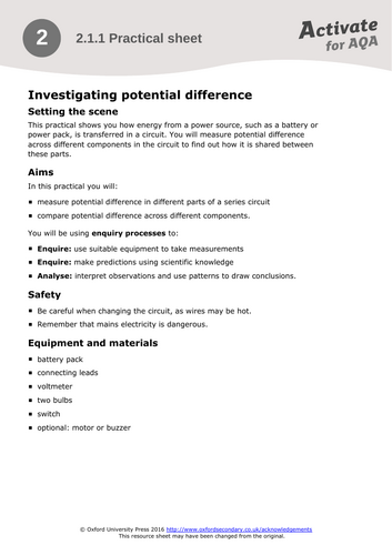 KS3 - Electricity: Potential difference (Practical) | Teaching Resources