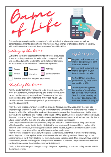 Debit/Credit Game - Game of Life | Teaching Resources