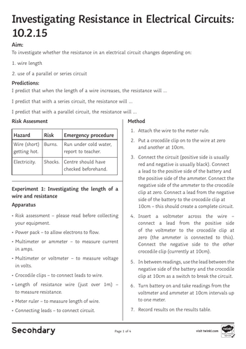 PRACTICAL Resistance in series/parallel | Teaching Resources