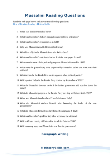 Rise of Mussolini Reading Questions Worksheet | Teaching Resources