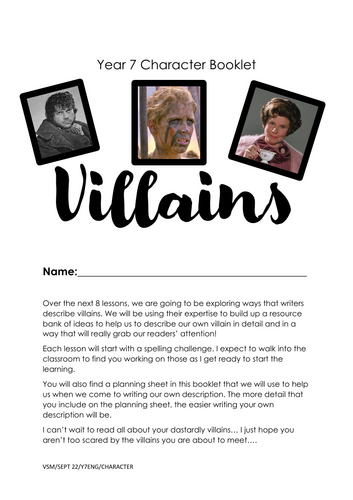 Heroes and Villains descriptive writing booklet for y7 transition ...