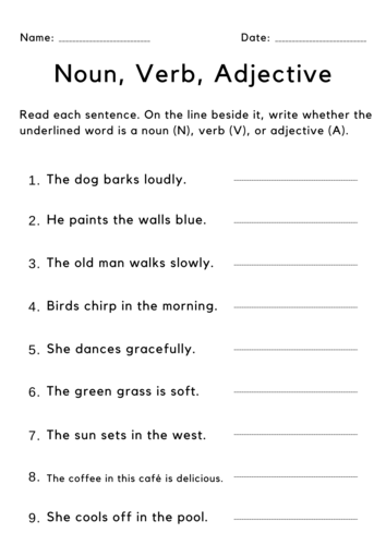 identify noun verb and adjective worksheet for grade 1 | Teaching Resources