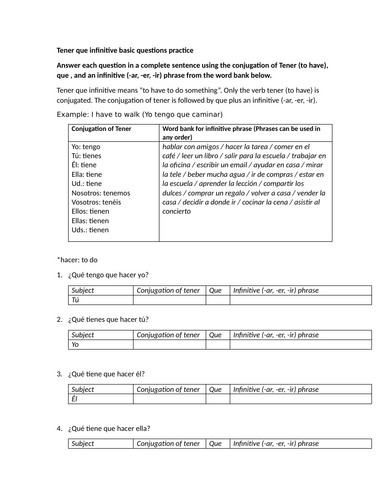 Tener que infinitive basic questions practice | Teaching Resources