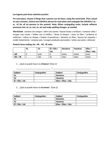 Los lugares past tense selection practice | Teaching Resources