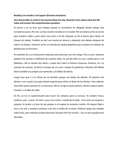 Reading: Los recados y los lugares (Errands and places) | Teaching ...
