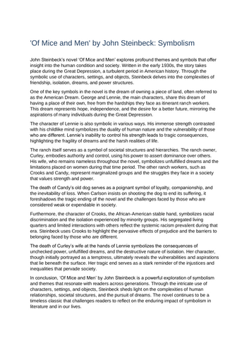 Of Mice and Men by John Steinbeck Symbolism Reading Comprehension ...