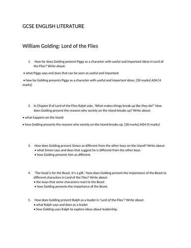 "Lord of the Flies" GCSE English Literature: exam questions | Teaching ...