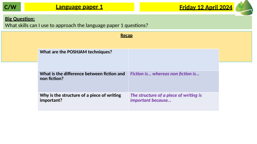 AQA Language paper 1 question 1 - 4 | Teaching Resources
