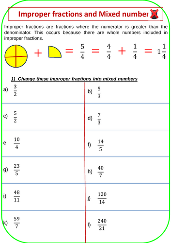 Improper fractions and Mixed numbers | Teaching Resources