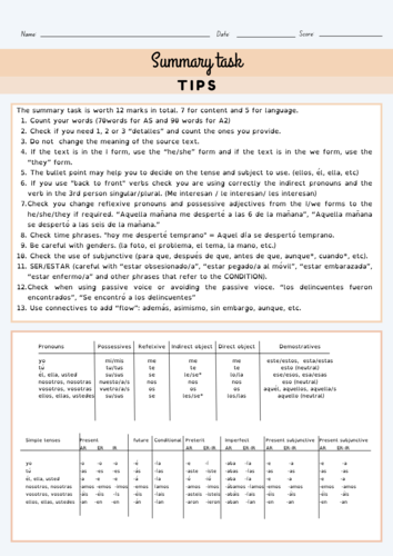 Spanish A level -Summary task 4 | Teaching Resources