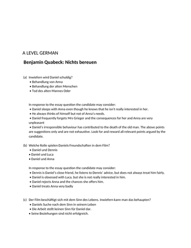 A Level German Language "Nichts Bereuen" revision sheet | Teaching ...
