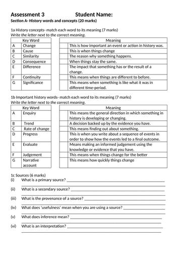Key stage 3 history words and concepts assessments | Teaching Resources
