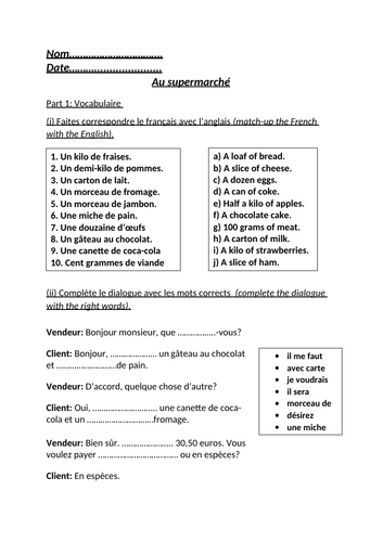 Beginner's French Au supermarché | Teaching Resources