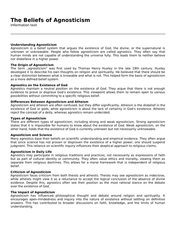 The Beliefs of Agnosticism (Infotext and Exercises) | Teaching Resources
