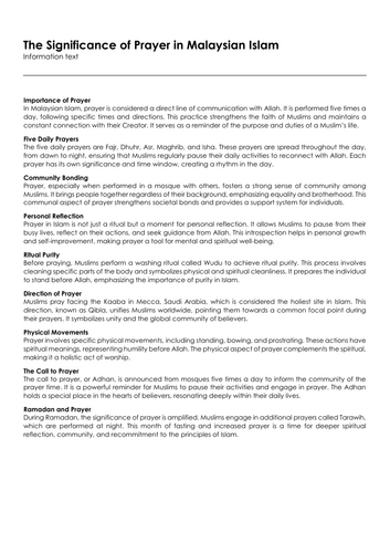 The Significance of Prayer in Malaysian Islam (Infotext and Exercises ...