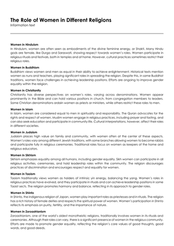 The Role of Women in Different Religions (Infotext and Exercises ...