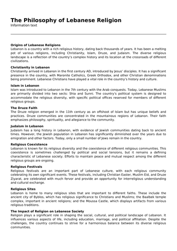 The Philosophy of Lebanese Religion (Infotext and Exercises) | Teaching ...