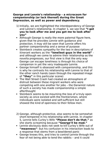 George and Lennie's Relationship Essay Plan for GCSE (Of Mice and Men ...