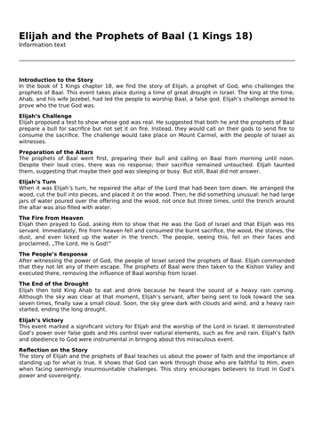 Elijah and the Prophets of Baal (1 Kings 18) (Infotext and Exercises ...