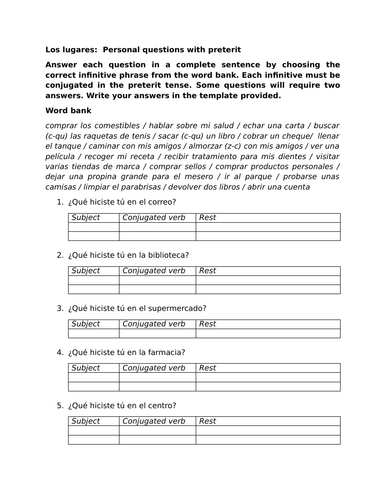 Los lugares: Personal questions with preterit | Teaching Resources