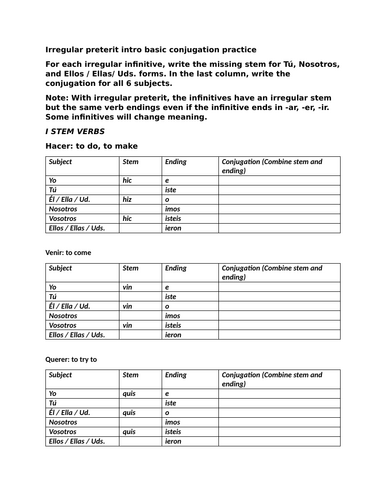 Irregular Preterit Intro Basic Conjugation Practice Teaching Resources