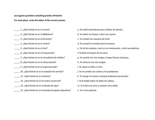 Los lugares questions matching practice (Preterit) | Teaching Resources