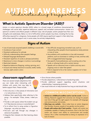 Autism ASD Awareness / Information Sheet | Teaching Resources