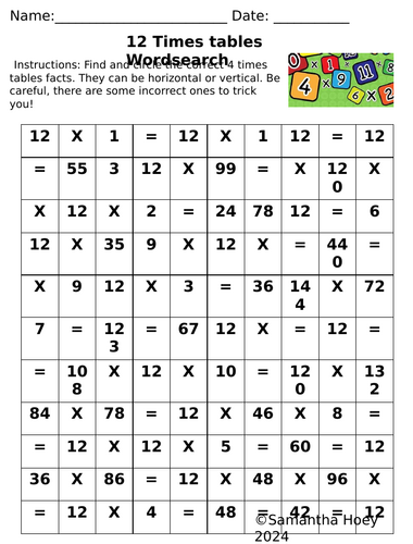 12 times tables wordsearch KS2 | Teaching Resources