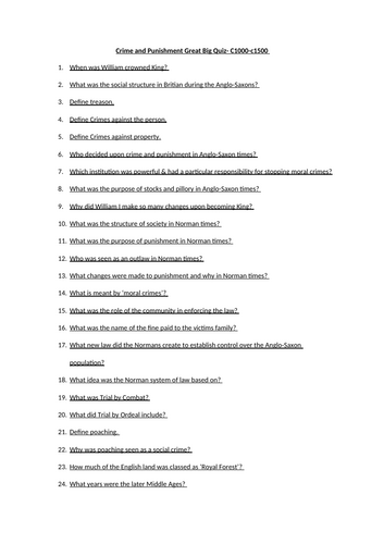 Crime and Punishment Quiz- 1000-1500 | Teaching Resources