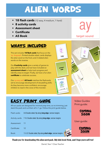 Decodable Phonics Book & flashcards. AY Nonsense words homework pack ...