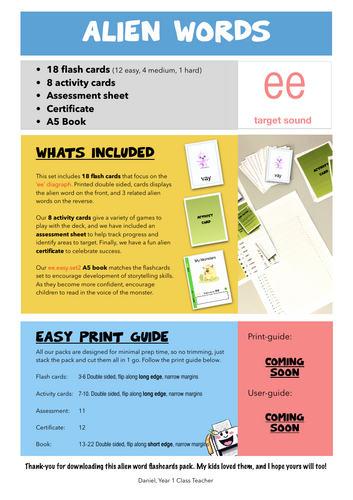 Decodable Phonics Book & flashcards. EE Nonsense words homework pack ...