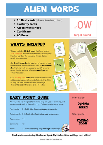 Decodable Phonics Book & flashcards. OW Nonsense words homework pack ...