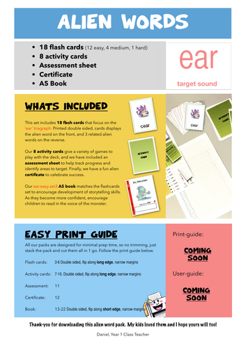 Decodable Phonics Book & flashcards. EAR Nonsense words homework pack ...