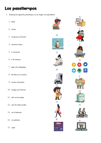 Spanish Hobbies Vocabulary Worksheet: Match Pictures to Words for Fun ...