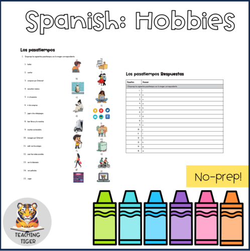 Spanish Hobbies Vocabulary Worksheet: Match Pictures to Words for Fun ...