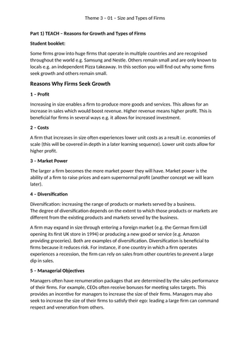 A Level Economics - Sizes and Types of Firms | Teaching Resources