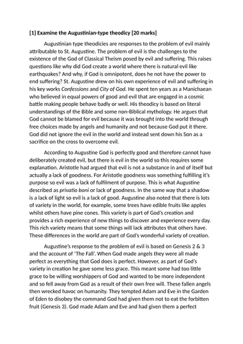 A-Level RS: 2018 Augustinian Type Theodicy Past Paper Question Model ...