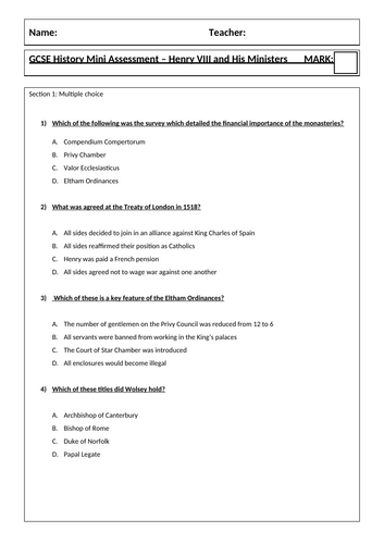 Henry VIII and His Ministers GCSE Edexcel Mini Assessment | Teaching ...