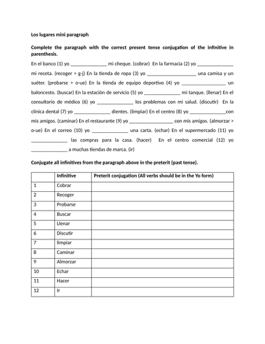 Los lugares mini paragraph | Teaching Resources