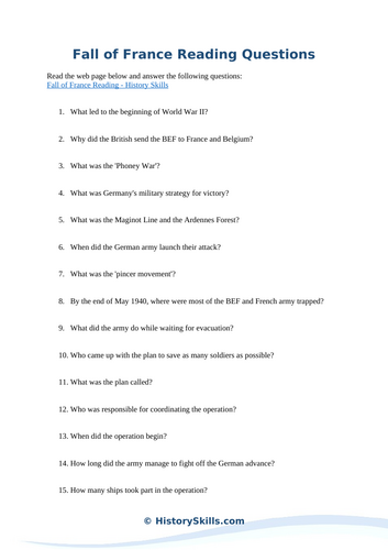 Fall of France in WWII Reading Questions Worksheet | Teaching Resources