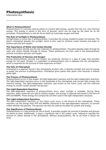 Photosynthesis (Infotext and Exercises) | Teaching Resources