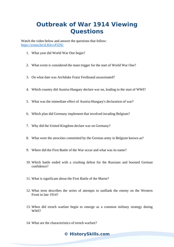 Outbreak of War 1914 Video Viewing Questions Worksheet | Teaching Resources