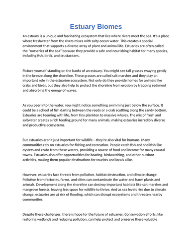 Estuary Biomes: Reading Comprehension Q & A With 60 Assessment ...