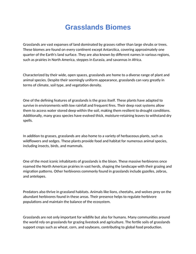 Grasslands Biomes : Reading Comprehension Questions With Answers - Quiz ...