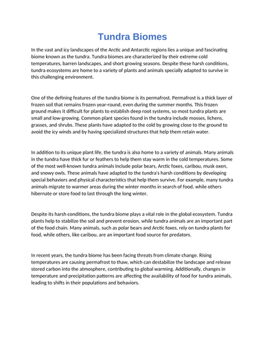 Tundra Biomes : Reading Comprehension Questions With Answers - Quiz ...