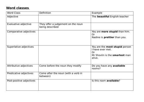 A Level English Language- Word class, sentence type and clause REVSION ...