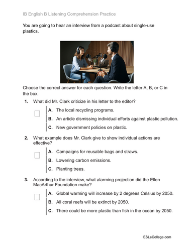 IB English B Listening Practice (Single-Use Plastics) | Teaching Resources