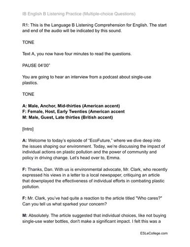 IB English B Listening Practice (Single-Use Plastics) | Teaching Resources